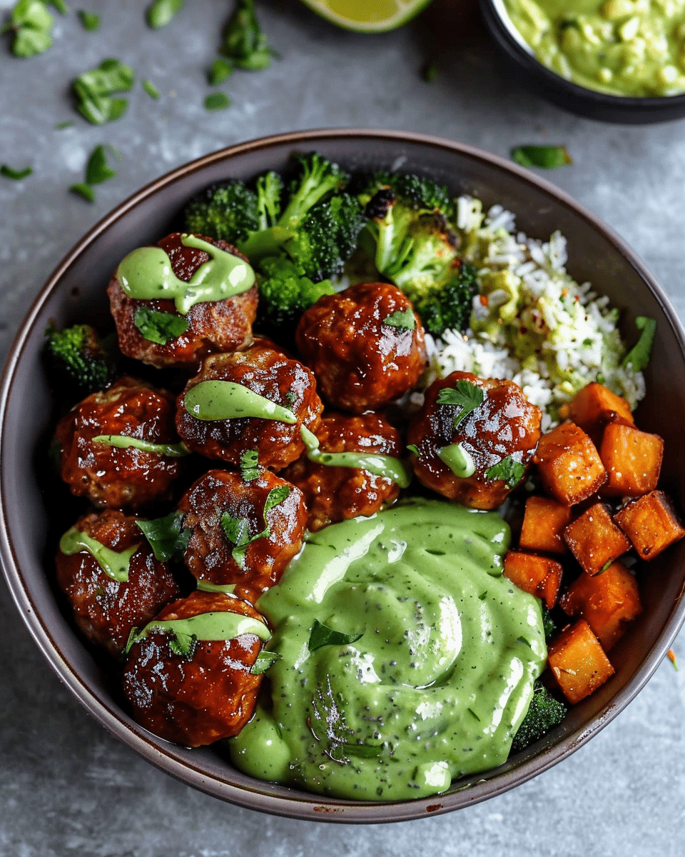 Barbecue Meatball Bowls with Avocado Goddess Sauce | Evelyn's Cooking