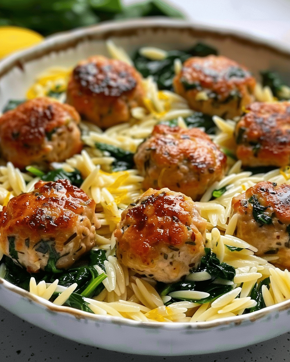 Lemony Chicken Ricotta Meatballs Over Garlic Spinach Orzo | Evelyn's ...
