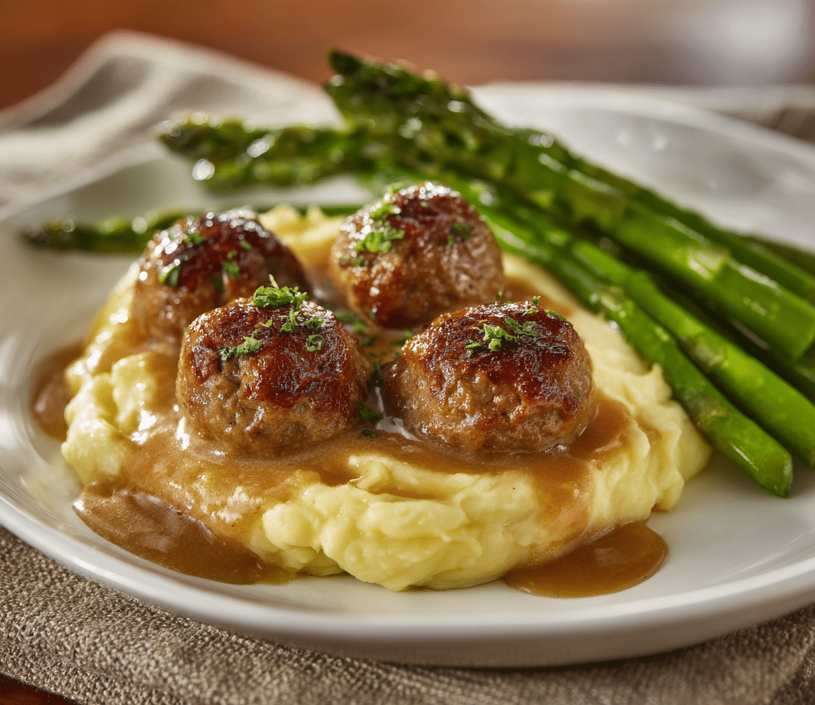 Juicy Salisbury Meatballs with Onion Gravy and Creamy Mashed Potatoes ...