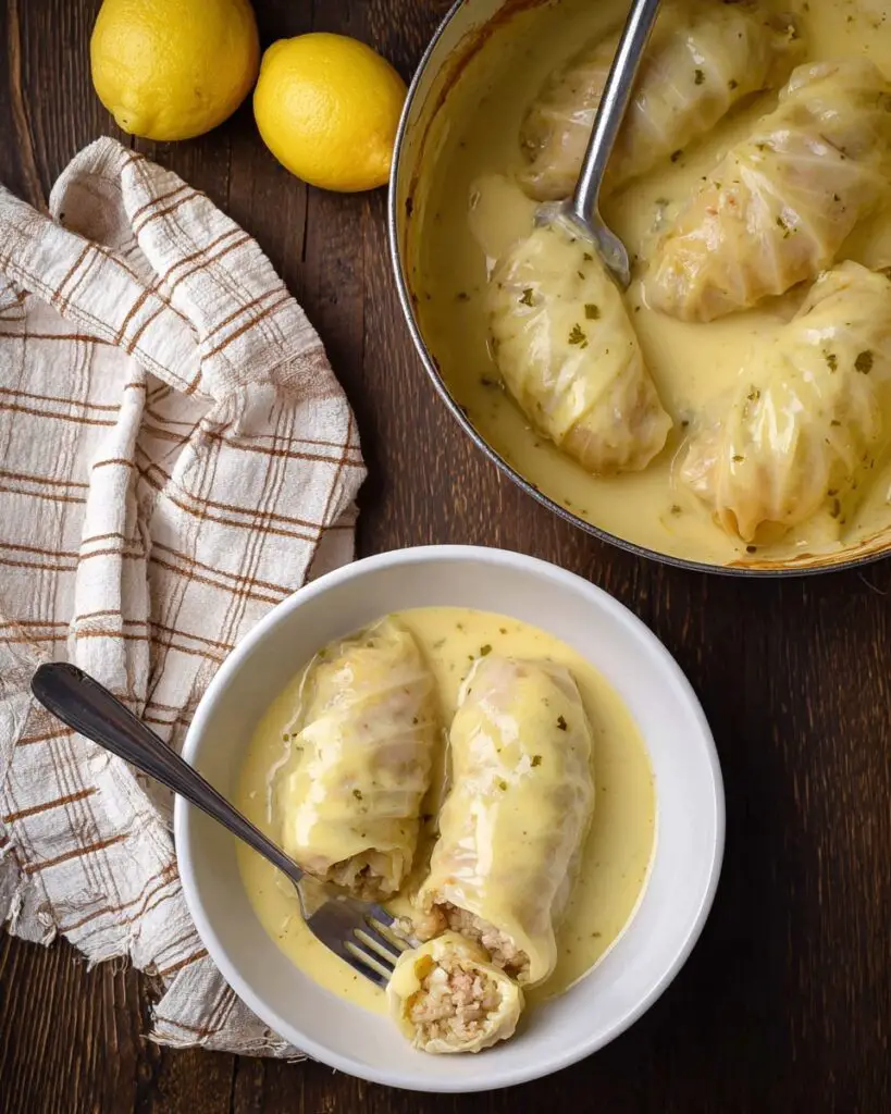 Greek Stuffed Cabbage Rolls with Lemon Avgolemono Sauce