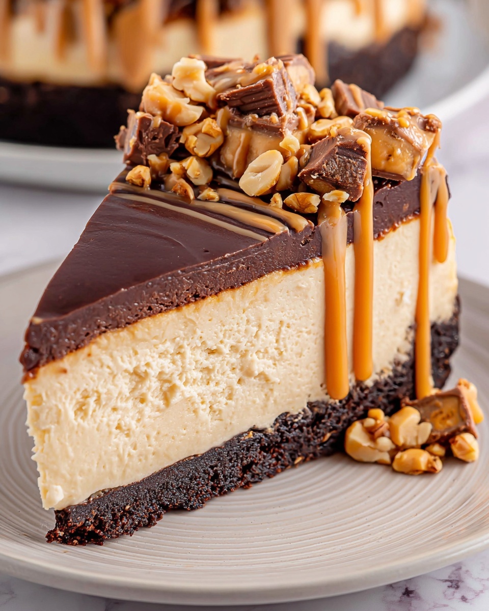 Peanut Butter Cheesecake with Chocolaty Ganache & Reese's Topping